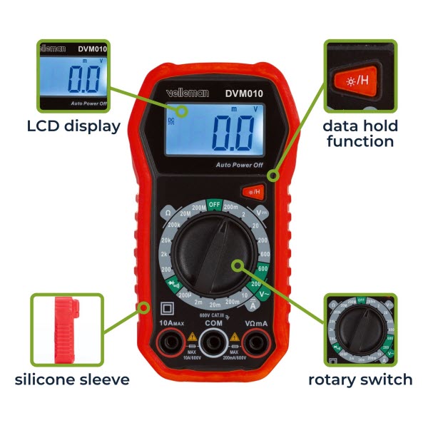 DVM010 Digital Multimeter, AC/DC, Diode, Hfe, Continuity CAT III 600V